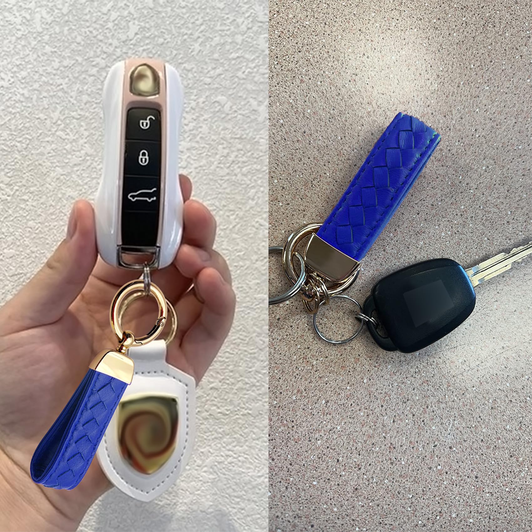 NTNEV Genuine Leather Car Keychain, Universal Car Key FOB Keychain, handmade knitted car key chain, 360 Degree Rotating with Anti-Lost D-Ring, 2 Key Rings and 1 Screwdriver, Unisex-Blue