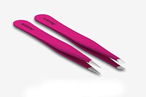 Suvorna 4" Precision Aligned Professional Tweezers Color Sets with Premium Stainless Steel. One Sharp Pointed Pair and One Slant Tip Pair for Eyebrow Shaping. Great for Ingrown Hair (Pink)