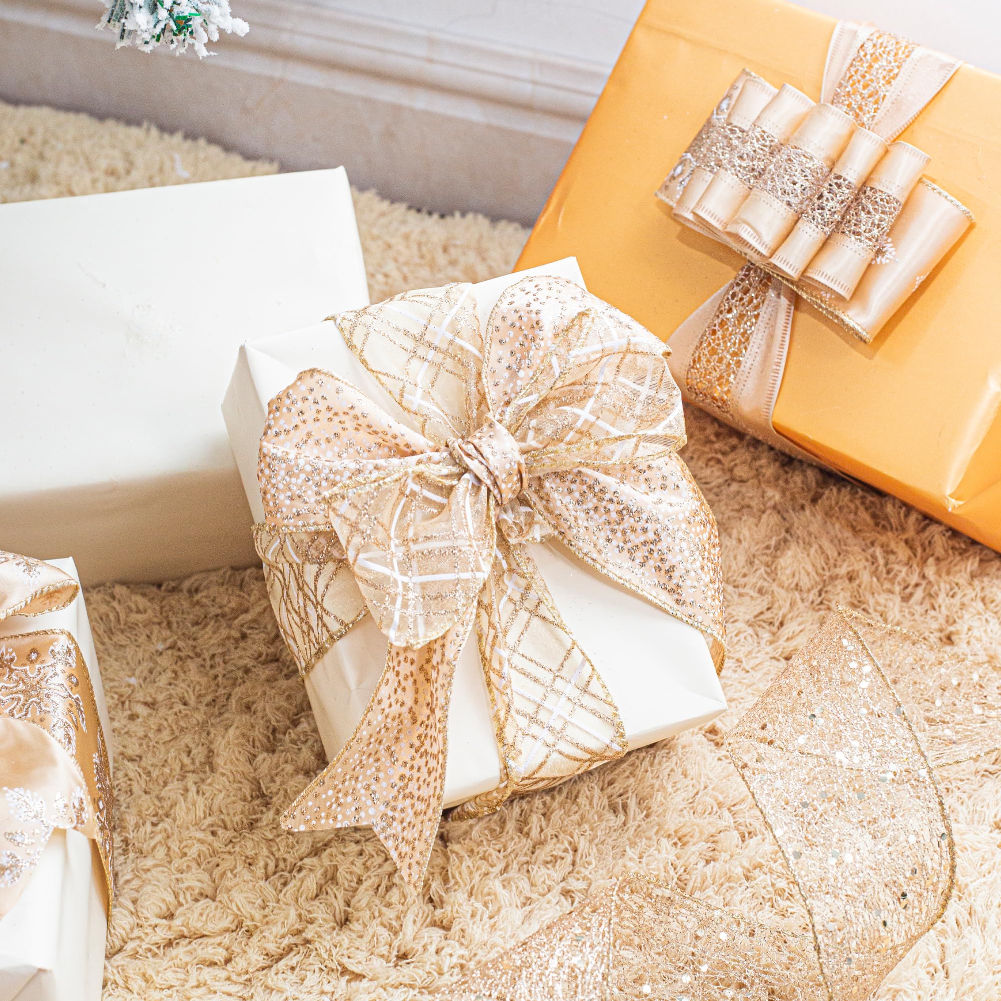 MAYREEL Champagne Christmas Ribbon Wired 2.5 Inch Champagne Gold Ribbon for Christmas Trees Wreaths Tree Toppers Crafts Home Decor Gift Wrapping 6 Rolls Total 36 Yards
