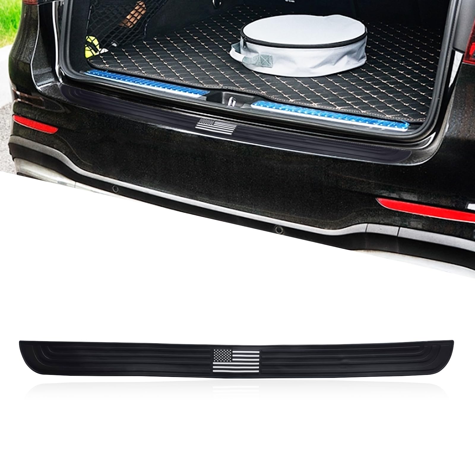 Fogfar 1 PC Car Trunk Anti-Scratch Strip, 35.43" x 2.75" PVC American Flag Black Edge Three-Dimensional Printed Protective Sticker, Self-Adhesive Decorative Accessories, for Cars, SUVs (Black)