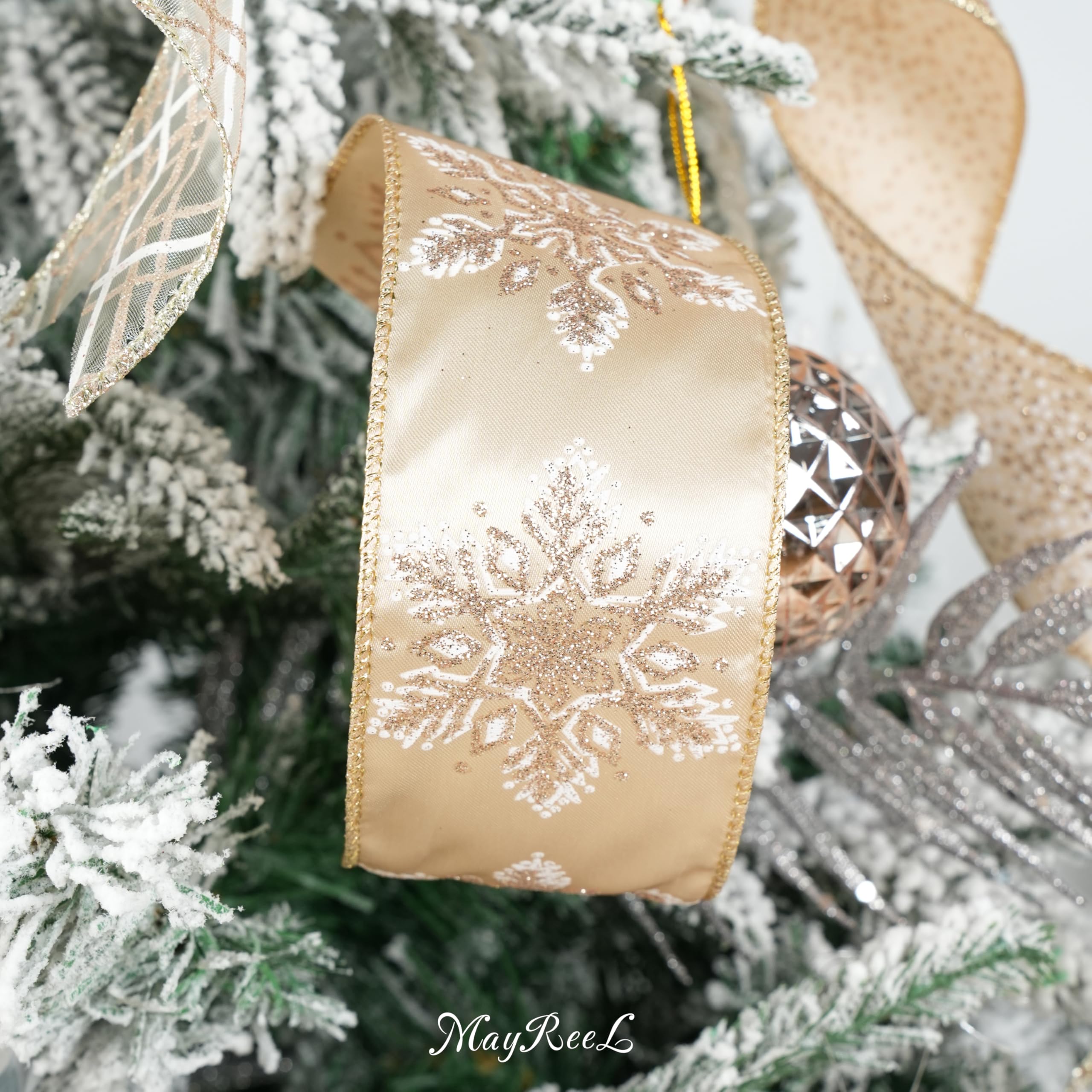 MAYREEL Champagne Christmas Ribbon Wired 2.5 Inch Champagne Gold Ribbon for Christmas Trees Wreaths Tree Toppers Crafts Home Decor Gift Wrapping 6 Rolls Total 36 Yards