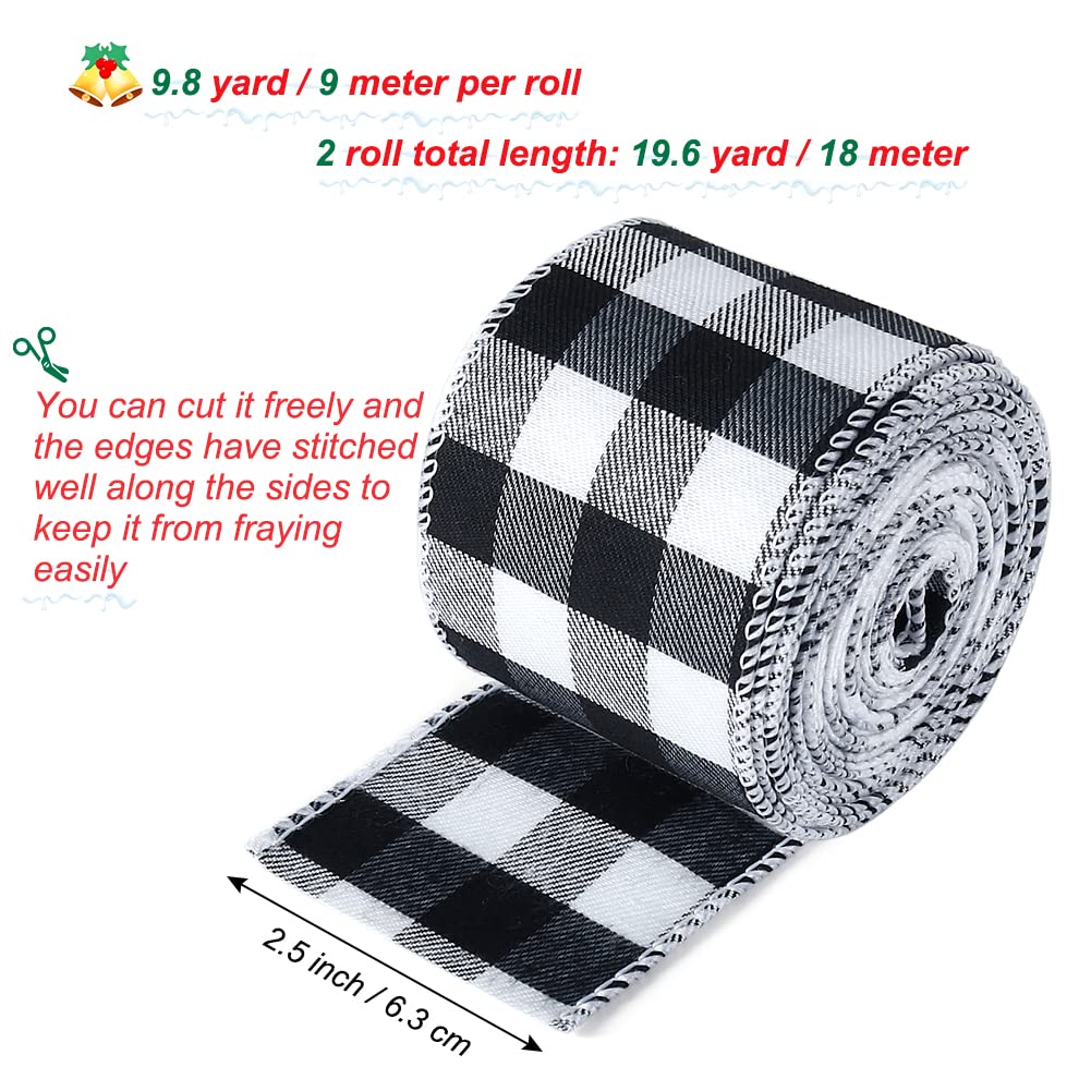19.6 Yard 2.5 inch Wide Buffalo Plaid Ribbons Wired Edges, 2 Rolls Black and White Checkered Ribbon for Christmas Tree Gift Decorations