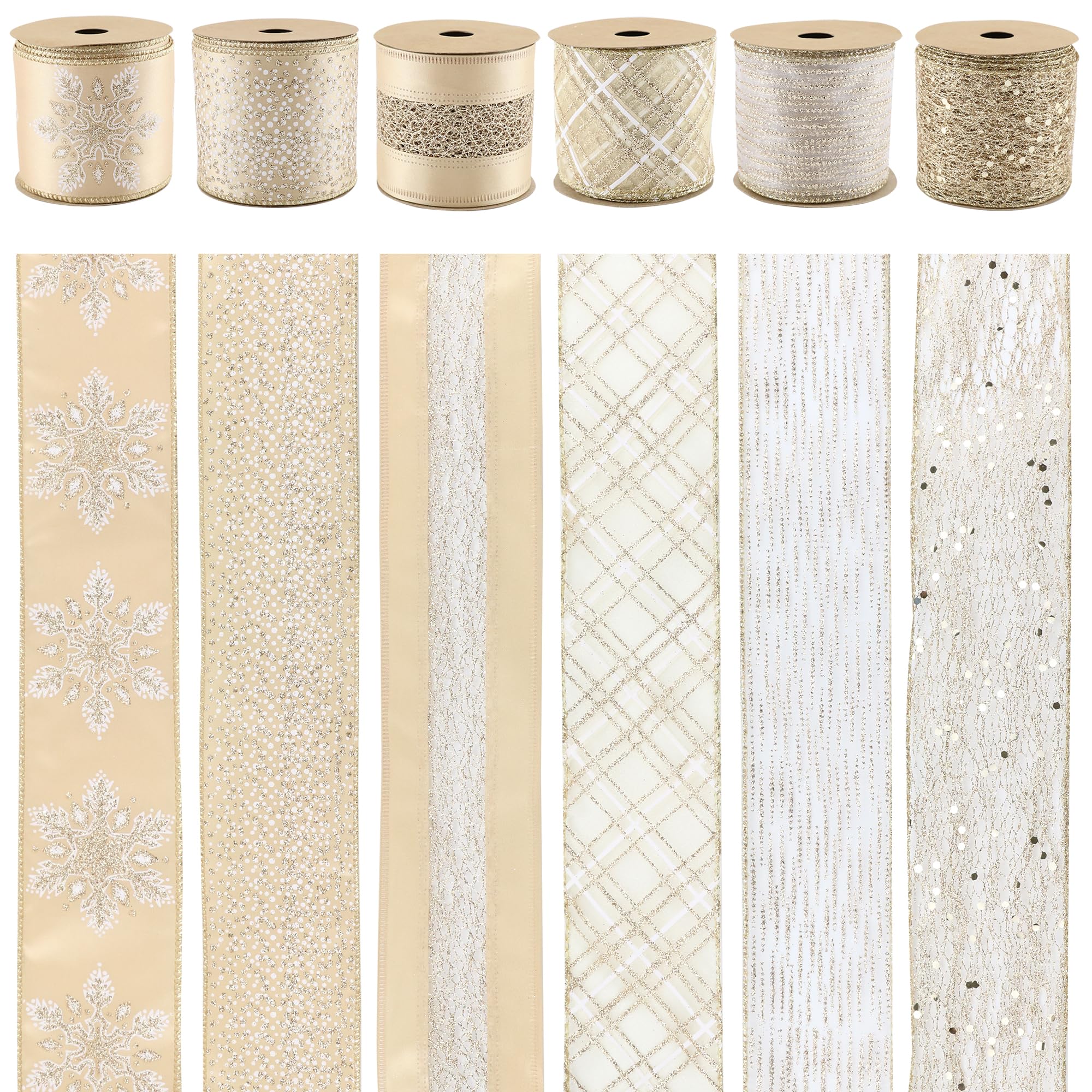 MAYREEL Champagne Christmas Ribbon Wired 2.5 Inch Champagne Gold Ribbon for Christmas Trees Wreaths Tree Toppers Crafts Home Decor Gift Wrapping 6 Rolls Total 36 Yards