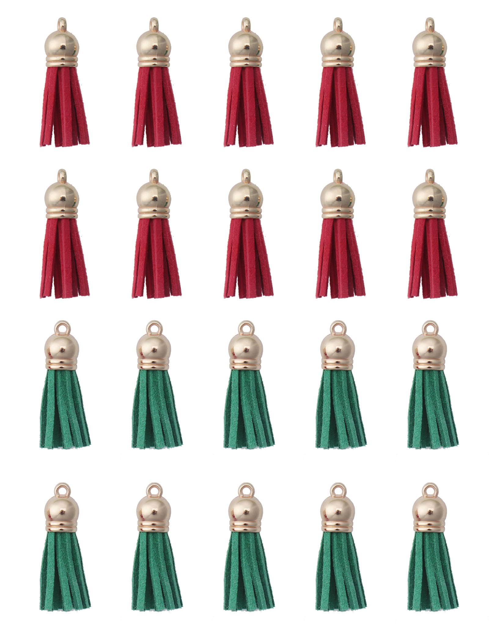 Ruwado 30 Pcs Keychain Leather Tassels with Gold Caps Hole Mini Faux Tassels for DIY Jewelry Making Keychain Earrings Craft Project Supplies Necklace Bracelet (Red and Green)
