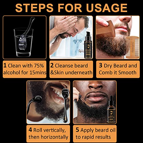 YOOBEAUL Beard Growth Kit, Derma Roller for Beard Growth, Biotin Beard Growth Oil for Patchy Beard, Beard Wash, Wooden Beard Comb, Beard Kit, Stocking Stuffers Birthday Gifts for Fathers Dad Men Him