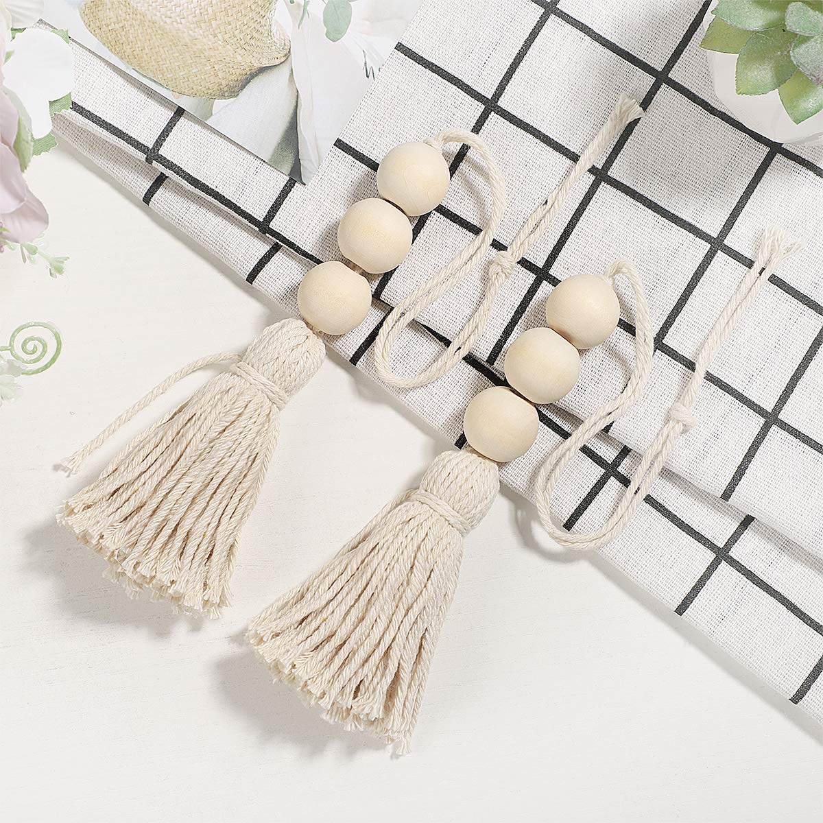 Wood Bead Garlands,Farmhouse Beads Tasels,Rustic Country Decor Prayer Beads for Home Door Knob Decor