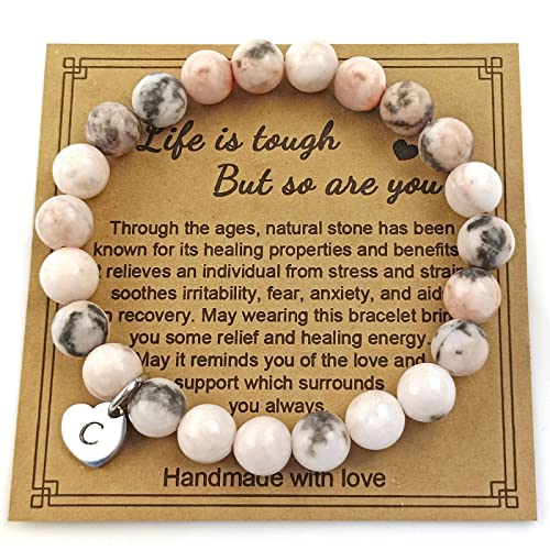 Handmade Alphabet Letters Love Heart Charm Pendant Healing Natural Gemstones 8mm Rose Pink Zebra Jasper Beads Stretched Beaded Bracelet,Anxiety Pain Stress Strain Fear Relief Beading Bracelets,Love Gift for Mother Grandmother Daughter Wife . (C)