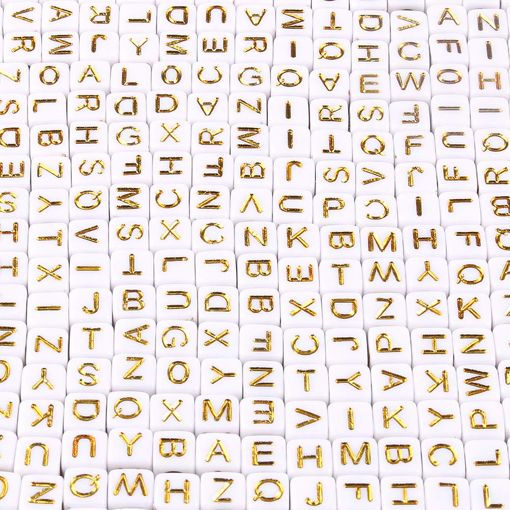 Acrylic Letter Beads Alphabet Gold Letters White Cube Bead, 6×6mm 1200pcs, for Friendship Bracelets and Gifts Souvenir Jewelry Making