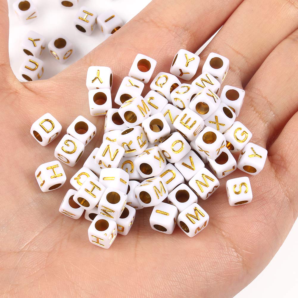 Acrylic Letter Beads Alphabet Gold Letters White Cube Bead, 6×6mm 1200pcs, for Friendship Bracelets and Gifts Souvenir Jewelry Making