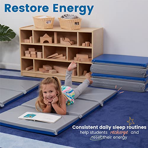 ECR4Kids Premium Folding Rest Mat, 3-Section, 1in, Sleeping Pad, Blue/Grey, 5-Pack