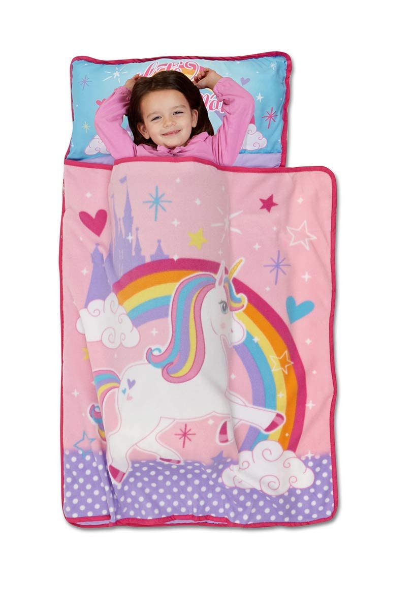ECR4Kids Premium Folding Rest Mat, 3-Section, 2in, Sleeping Pad, Blue/Red and Funhouse Unicorn Kids Nap-Mat Set – Includes Pillow and Fleece Blanket