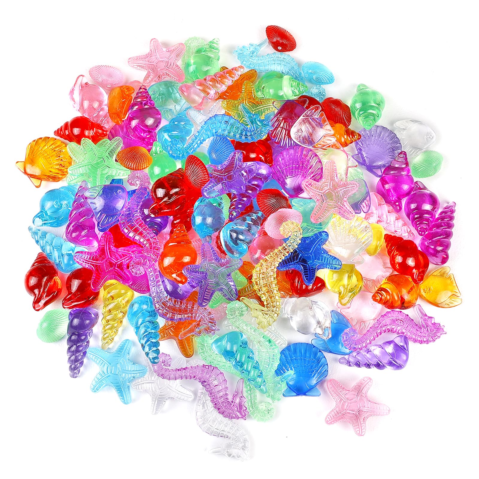 HAPTIME 100 Pcs Sensory Bin Filler, Mini Resin Figures, Plastic Seashells Under The Sea, Little Mermaid Table Decorations, Sea Shells for Crafting, Vase Filler, Diving Gem Pool Toys for Kids