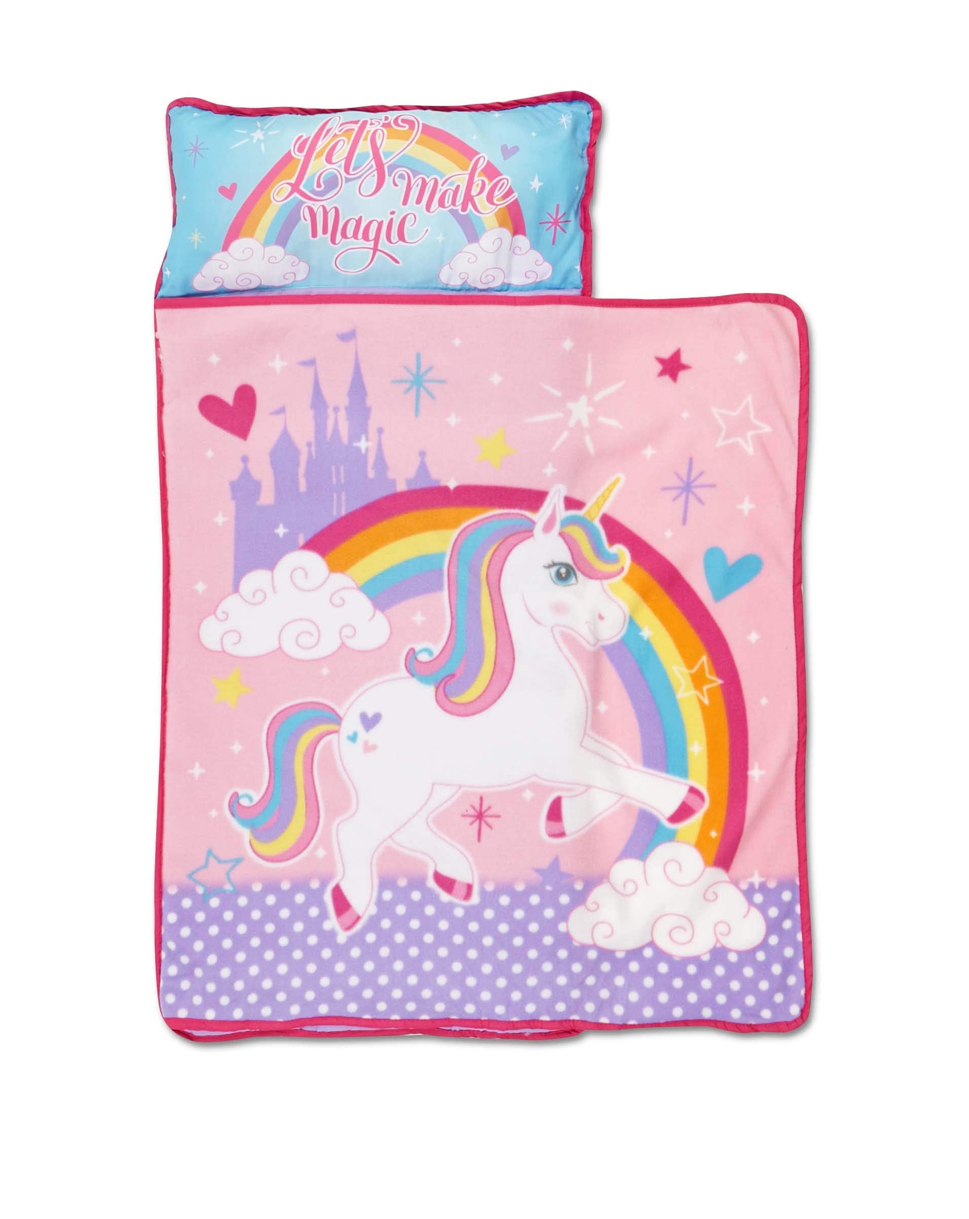ECR4Kids Premium Folding Rest Mat, 3-Section, 2in, Sleeping Pad, Blue/Red and Funhouse Unicorn Kids Nap-Mat Set – Includes Pillow and Fleece Blanket