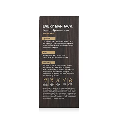 Every Man Jack Mens Beard Oil - Subtle Sandalwood Fragrance - Deeply Moisturizes and Softens Your Beard and Adds a Natural Shine - Naturally Derived with Shea Butter- 1.0-ounce Twin Pack