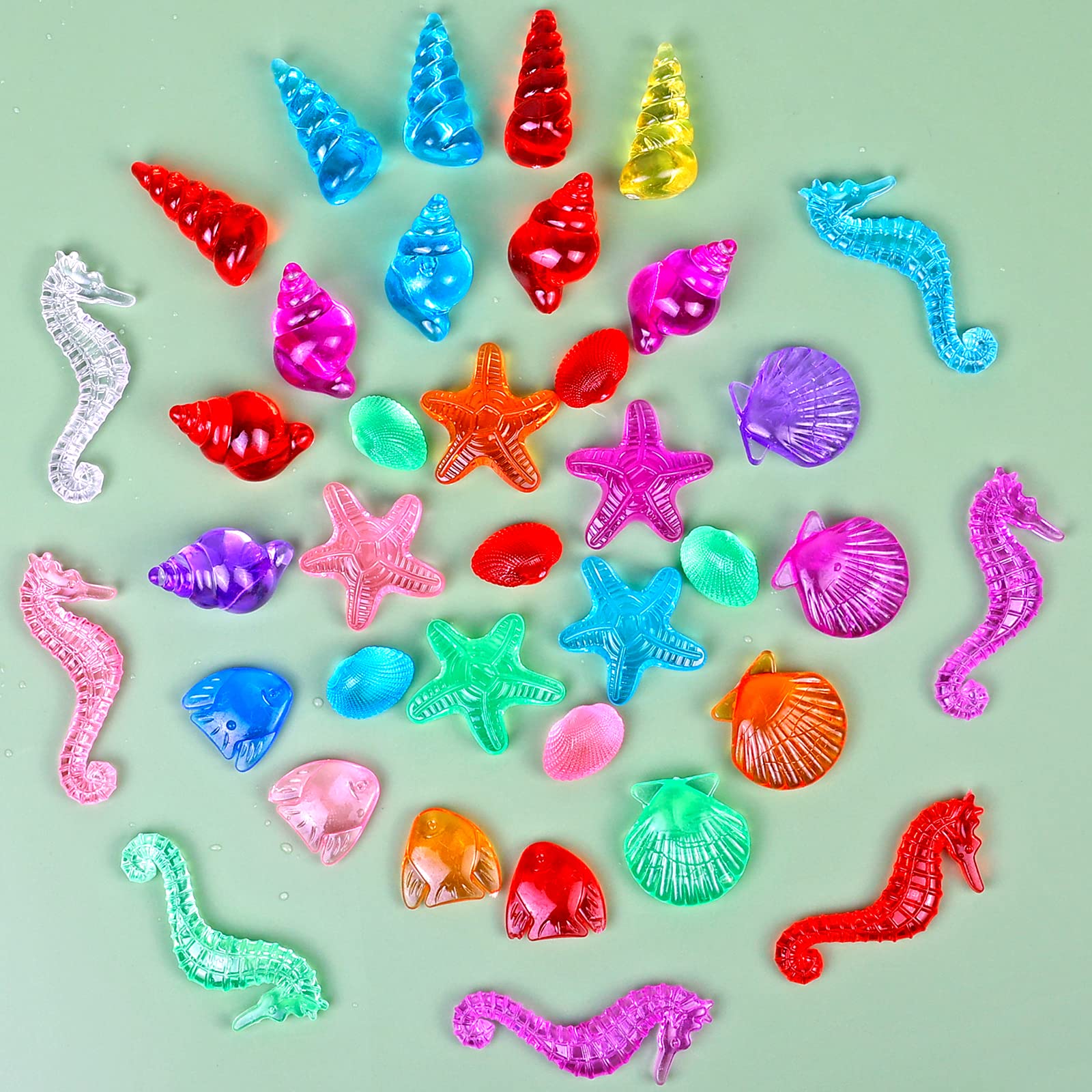 HAPTIME 100 Pcs Sensory Bin Filler, Mini Resin Figures, Plastic Seashells Under The Sea, Little Mermaid Table Decorations, Sea Shells for Crafting, Vase Filler, Diving Gem Pool Toys for Kids