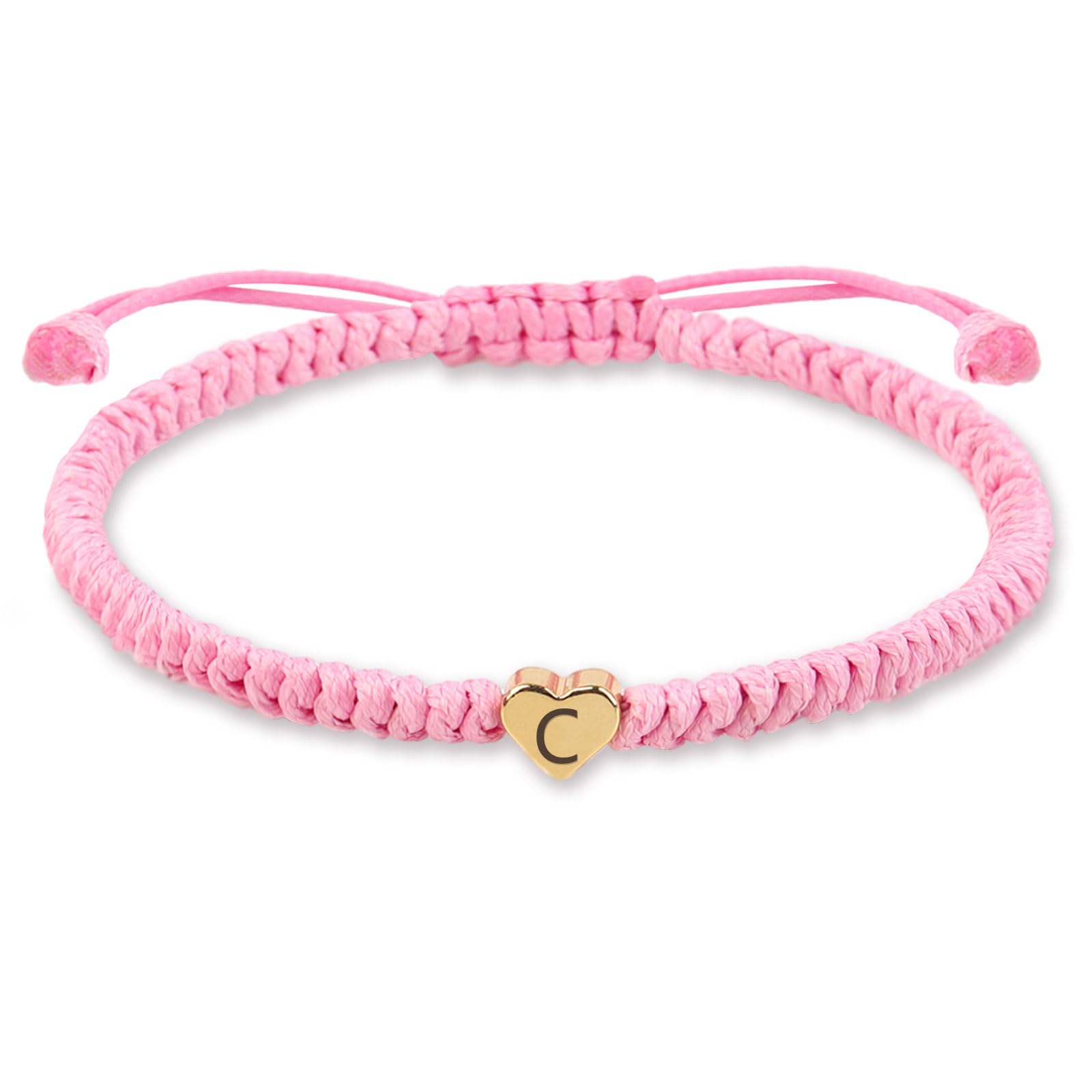 Pink Weave Rope Letter Bracelet for Women, Initial Bracelet Heart Charm 26 Letters A-Z Alphabet Handmade Adjustable Jewelry for Couple Teenage Girls Sister Valentines Day Mother's Day (Pink-C)
