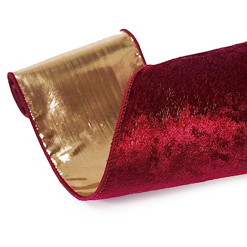 Wine (Burgundy) Velvet with Gold Metallic Backing Wired Ribbon 4 Inch x 10 Yards for Christmas Tree Topper Home Decoration Wreath Gift Wrapping DIY Craft