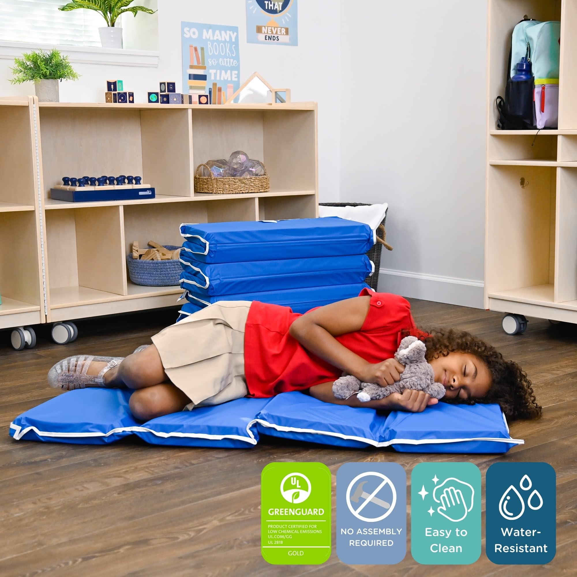 Children’s Factory 2 Inch Thick Folding Rest Mats for Preschool, 4-Section Nap Mats for Daycares, Nursery, Classroom, Blue, 5 Pack