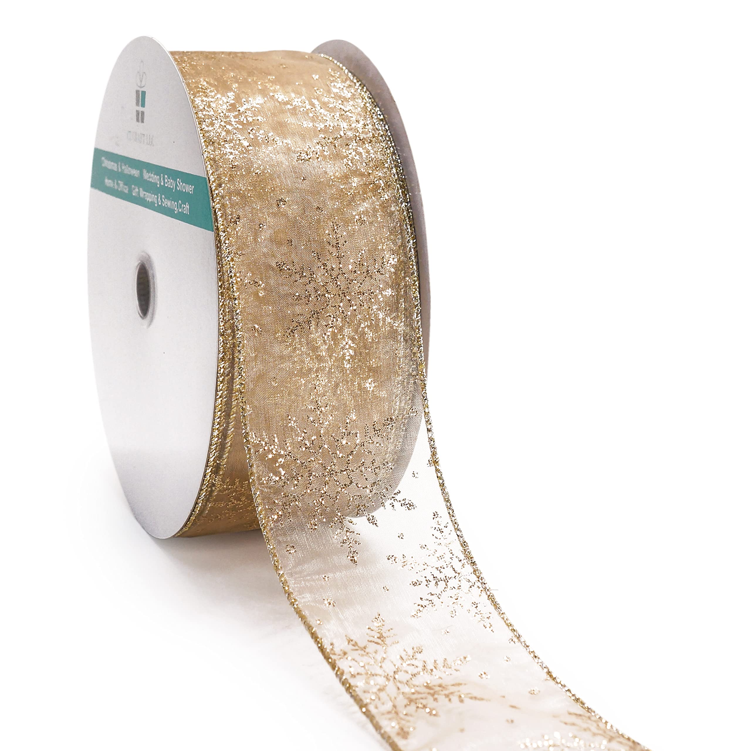 CT CRAFT LLC Organza with Champagne Gold Glitter Snowflakes Wired Ribbon 2.5 inch x 50 Yards for Christmas Home Decor Tree Topper Bow Gift Wrapping DIY Crafts Wreath Garland Wedding