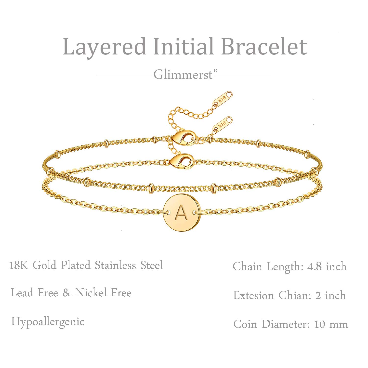 Glimmerst Initial Bracelet for Women 18K Gold Plated Stainless Steel Layered Coin Letter C Bracelet Beaded Chain Personalized Name Bracelet