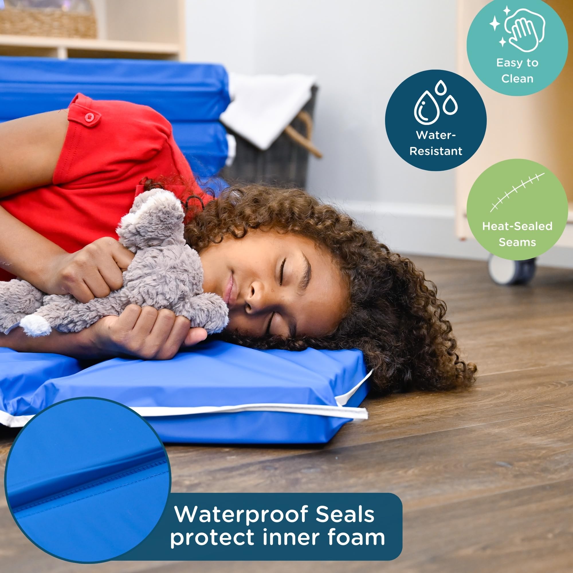 Children’s Factory 2 Inch Thick Folding Rest Mats for Preschool, 4-Section Nap Mats for Daycares, Nursery, Classroom, Blue, 5 Pack