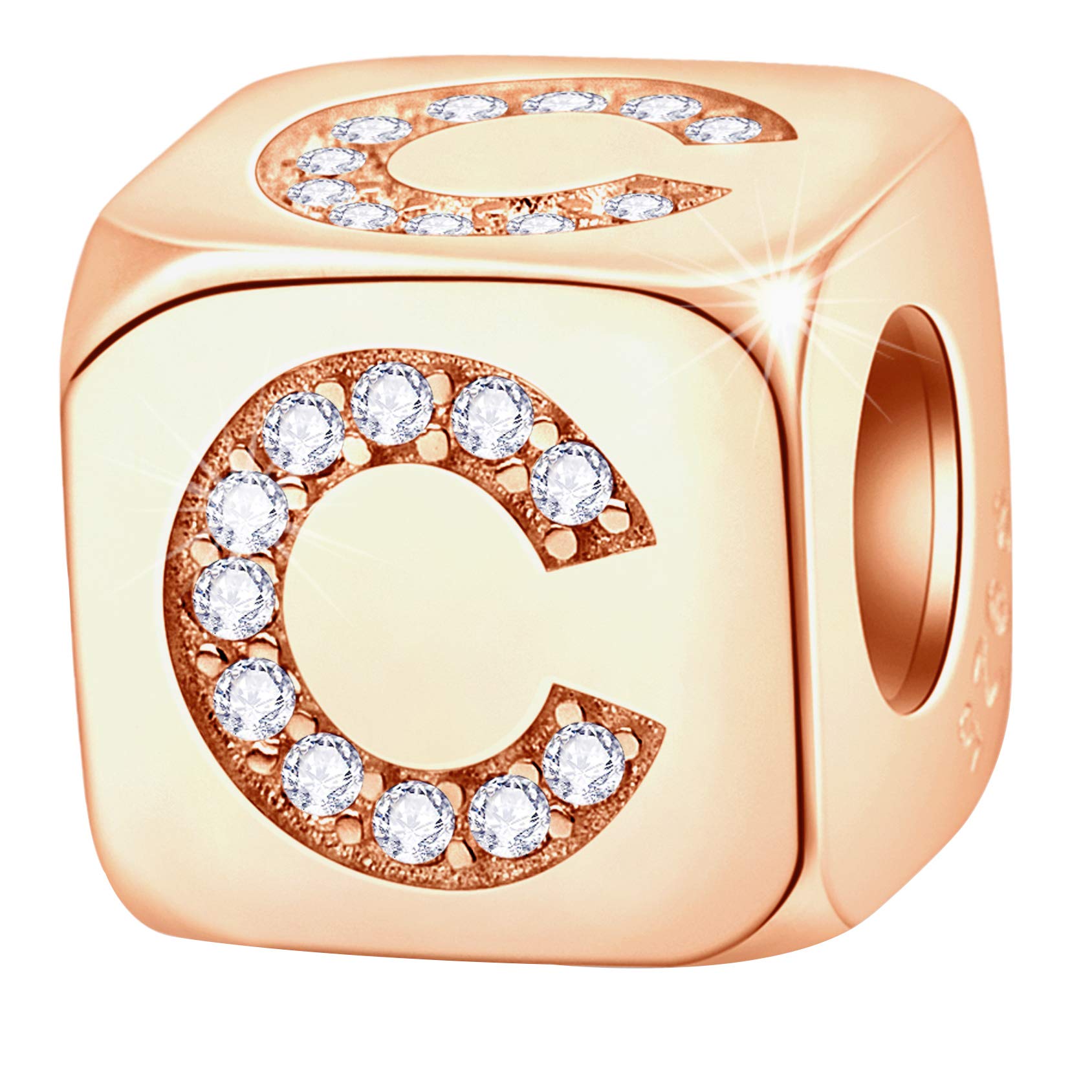 Letter C Charm Rose Gold Dice Beads, fit Pandora Women Bracelet, 925 Sterling Silver Initial Alphabet c Similar New Moon Cube Charms with CZ, Gifts for Christmas/Mothers Day/Cousin