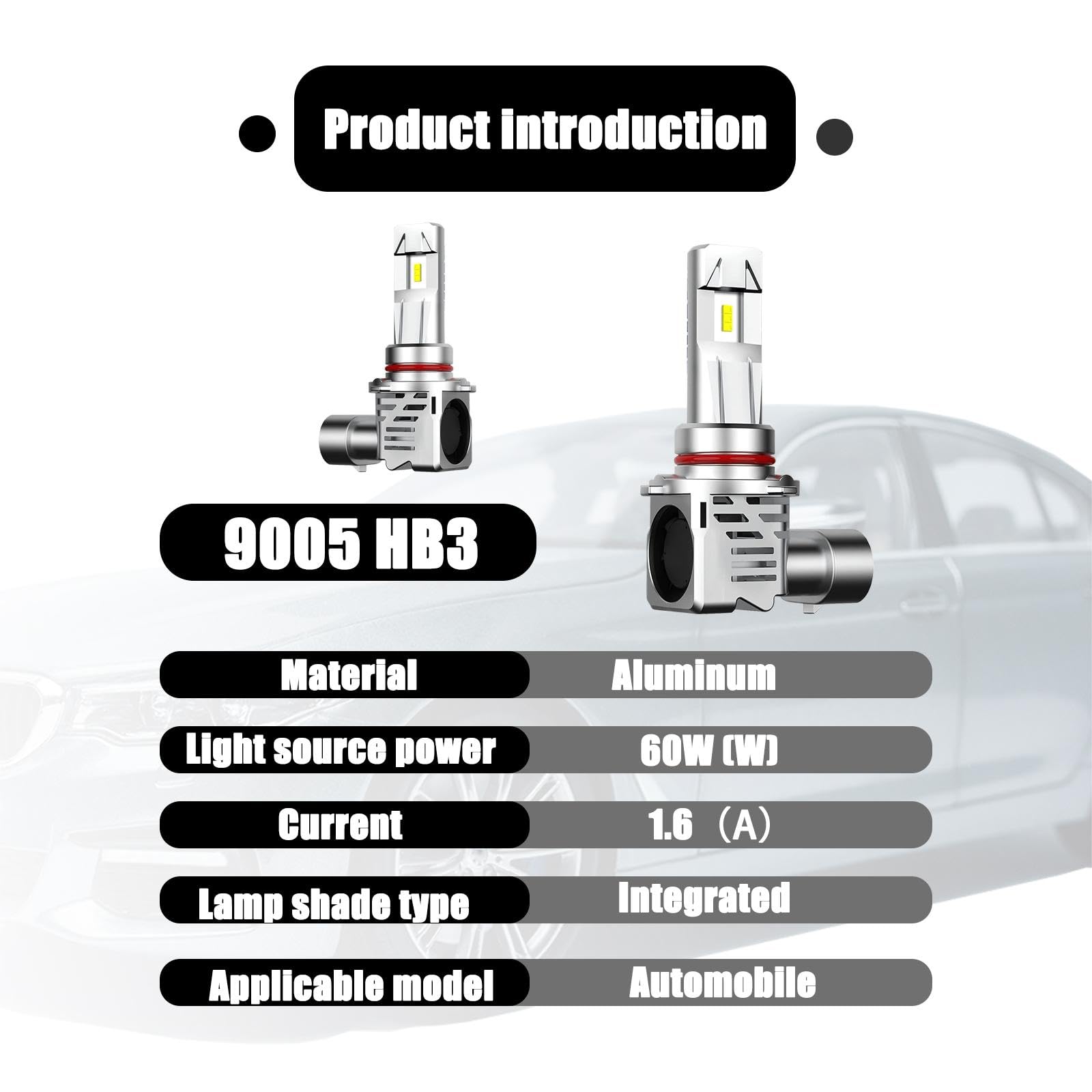 UGSHY 2 PCS 9005 HB3 Car LED Front Light, Super Bright Car LED Bulbs Kits, White Light Fog Light, Aluminum High Beam, Universal Automobile IP65 Waterproof Bulbs Replacement, UGDD1701WH-9005/HB3
