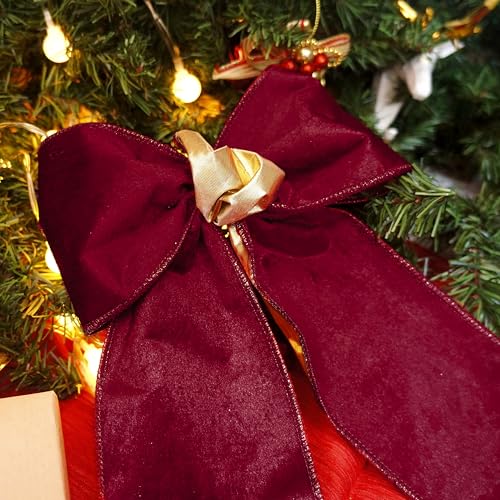 Wine (Burgundy) Velvet with Gold Metallic Backing Wired Ribbon 4 Inch x 10 Yards for Christmas Tree Topper Home Decoration Wreath Gift Wrapping DIY Craft