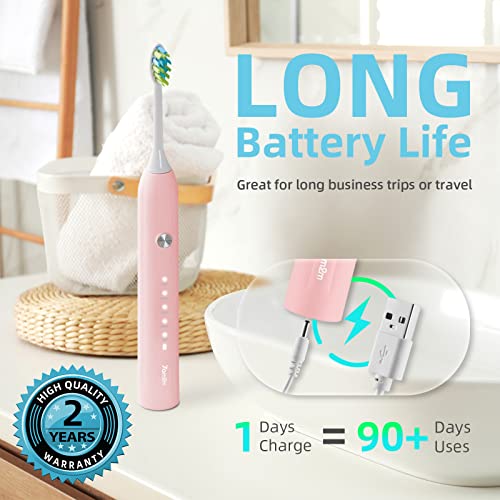 7AM2M Sonic Electric Toothbrush for Adults and Kids, Stocking Stuffers for Adults, with 6 Brush Heads, 5 Modes with 2 Minutes Build in Smart Timer, Roman Column Handle Design (Pink)