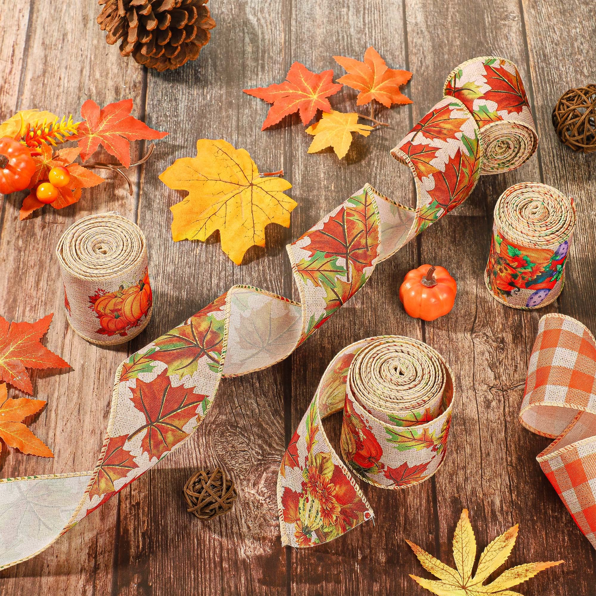 6 Rolls Fall Burlap Ribbons 2.5 Inch Wired Edge Pumpkin Maple Leaf Ribbon Rustic Harvest Truck Orange Plaid Ribbon for Autumn Thanksgiving Gift Wrapping DIY Wreath Crafts, 30 Yards