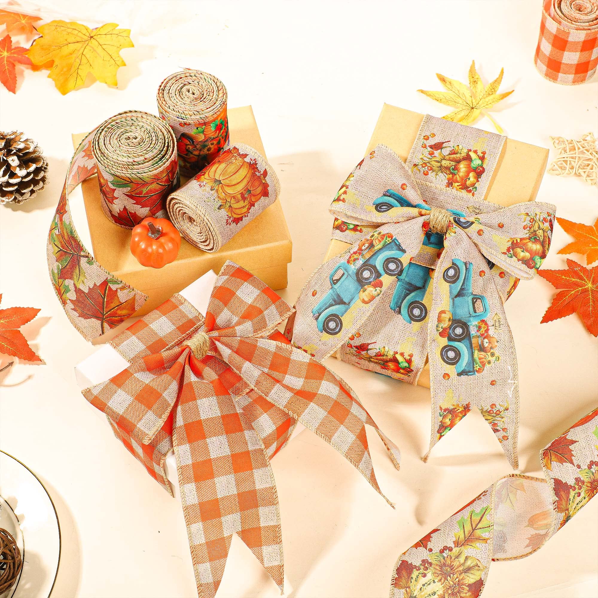 6 Rolls Fall Burlap Ribbons 2.5 Inch Wired Edge Pumpkin Maple Leaf Ribbon Rustic Harvest Truck Orange Plaid Ribbon for Autumn Thanksgiving Gift Wrapping DIY Wreath Crafts, 30 Yards