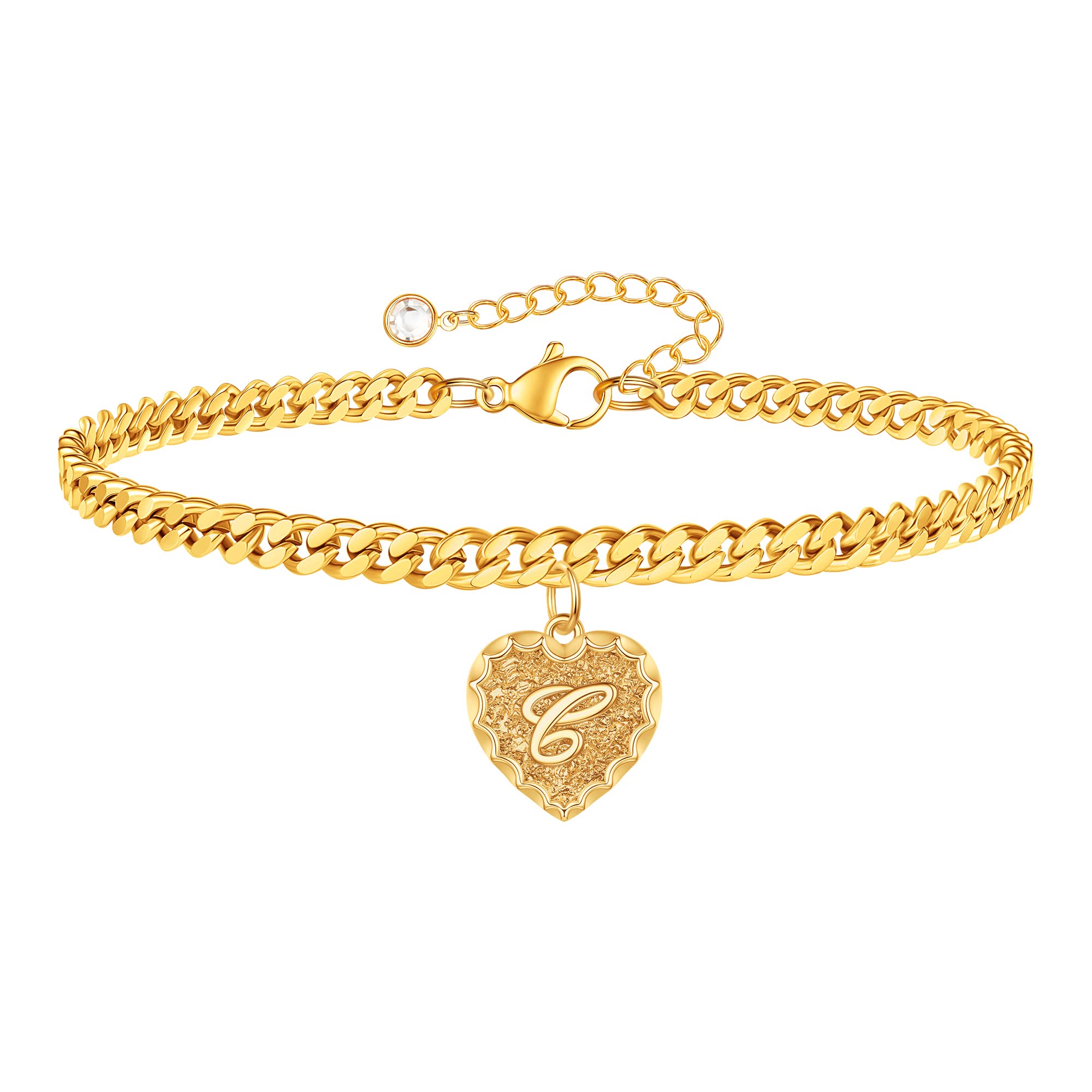 GLIJWELE Initial Gold Charm Bracelets for Women, 14k Gold Filled Cuban Gold Charm Bracelet for Women Heart Initial C Bracelet Gold Charm Bracelet Gold Jewelry Gifts for Women