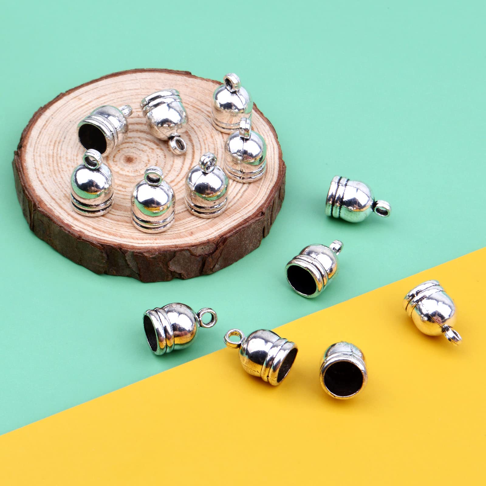 Aylifu 50pcs Silver Cord End Caps Glue-in Tassel Cap Clasps Connectors Leather Cord Findings Kit for DIY Bracelet Necklace Jewelry Making