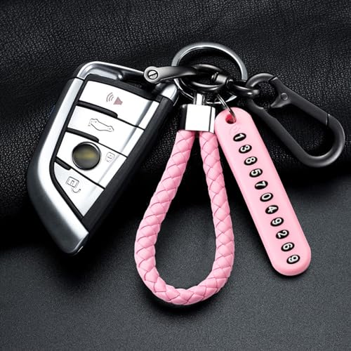 Hawyet 1 PC Car Keychain, Anti-lost Number Card Braided Rope Organizer with Horseshoe Buckle, Universal for Most Cars (Pink)