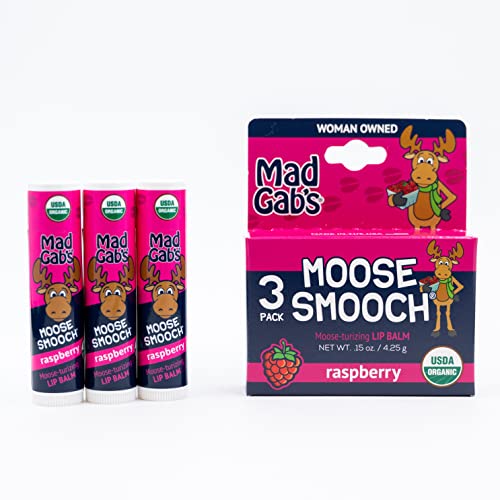 Mad Gab's Moose Smooch Raspberry Lip Balm, Mother's Day Gift, Moisturizing and Certified Organic, Made with Organic Olive Oil and Beeswax, 3 pack Gift Set