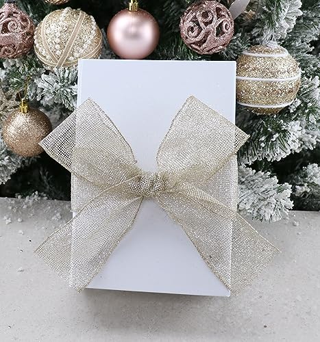 DINDOSAL Champagne Gold Wired Ribbon Champagne Mesh Ribbon Metallic Glitter Wired Ribbon for Crafts, Topper Bows, Wreaths, Gift Wrapping, Home Decor, 2.5" x 10 Yards x 1 Roll