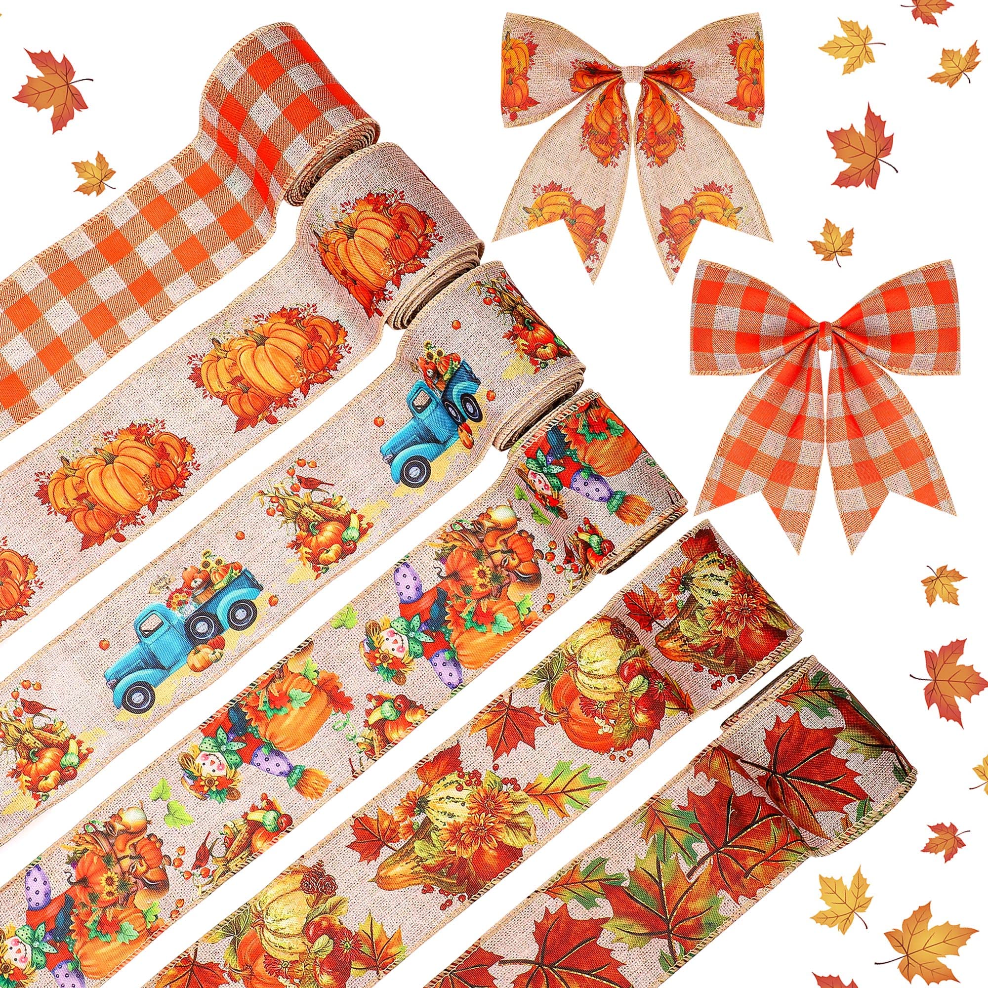 6 Rolls Fall Burlap Ribbons 2.5 Inch Wired Edge Pumpkin Maple Leaf Ribbon Rustic Harvest Truck Orange Plaid Ribbon for Autumn Thanksgiving Gift Wrapping DIY Wreath Crafts, 30 Yards
