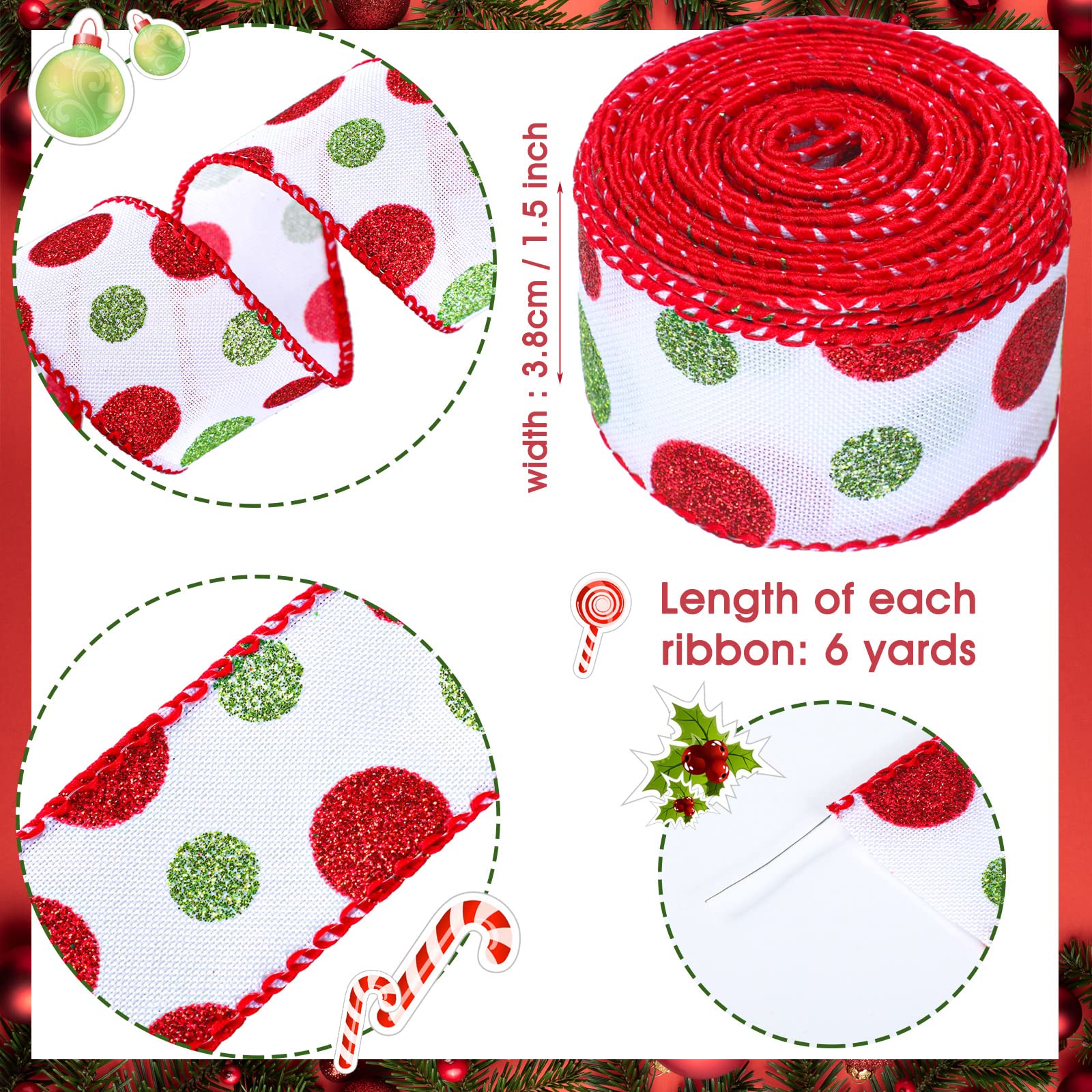 Tatuo 2 Rolls Christmas Glitter Wired Ribbon Christmas Tree Burlap Ribbon Green Red Polka Dot Ribbon Sparkly Xmas Tree Decoration DIY Bows Wreath(1.5 Inch x 6 Yard Per Roll,White Base)