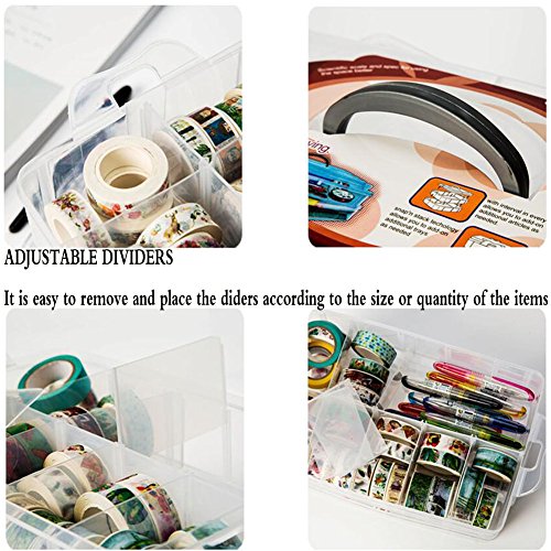 HomDSim Washi Tape Box Organizer Storage,Divider Closet Container,with 30 Adjustable Compartments,Clear,Masking Tape Desktop Tape DIY Sticker Roll Tape Cutter Holder Storage,Finger Safty Dispenser