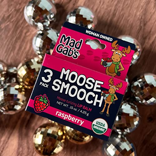 Mad Gab's Moose Smooch Raspberry Lip Balm, Mother's Day Gift, Moisturizing and Certified Organic, Made with Organic Olive Oil and Beeswax, 3 pack Gift Set