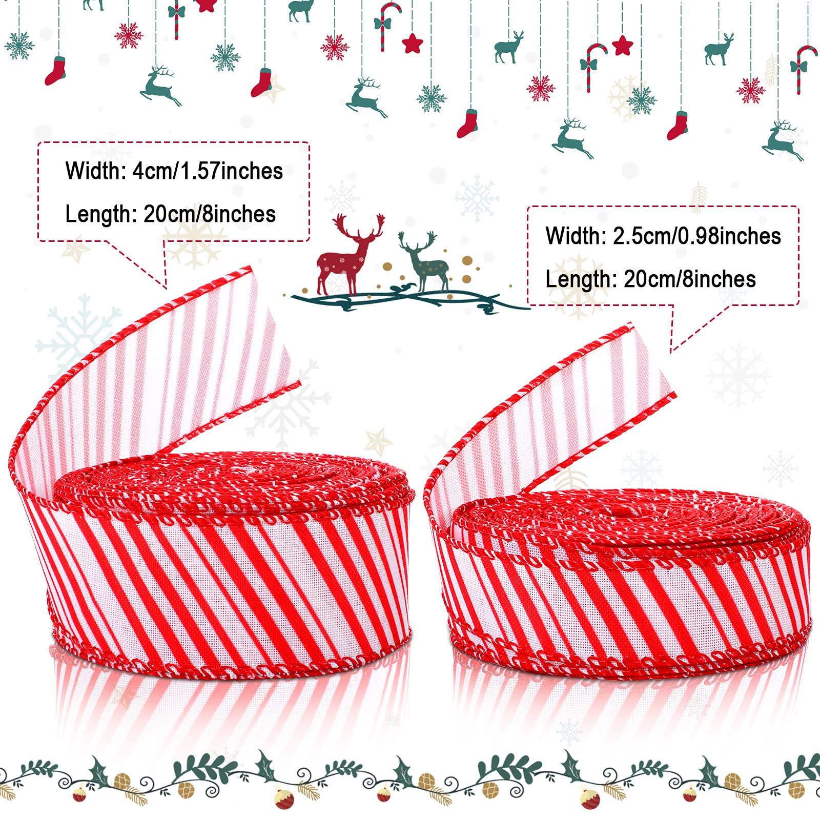 44 Yards Christmas Peppermint Strip Wired Candy Cane Ribbon - Red and White Stripe DIY Craft Ribbon for Christmas Tree Decor, Holiday DIY Garland, Present Wrapping, Wreaths, Bows - 2 Widths
