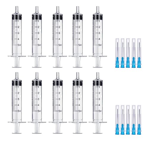 10 Pack 5ml Plastic Syringe with Needle, Syringe for Liquid, Oral, Scientific Labs, Measurement, Dispensing, Feeding Pets, Oil or Glue Applicator, Individually Wrapped (5 ML)