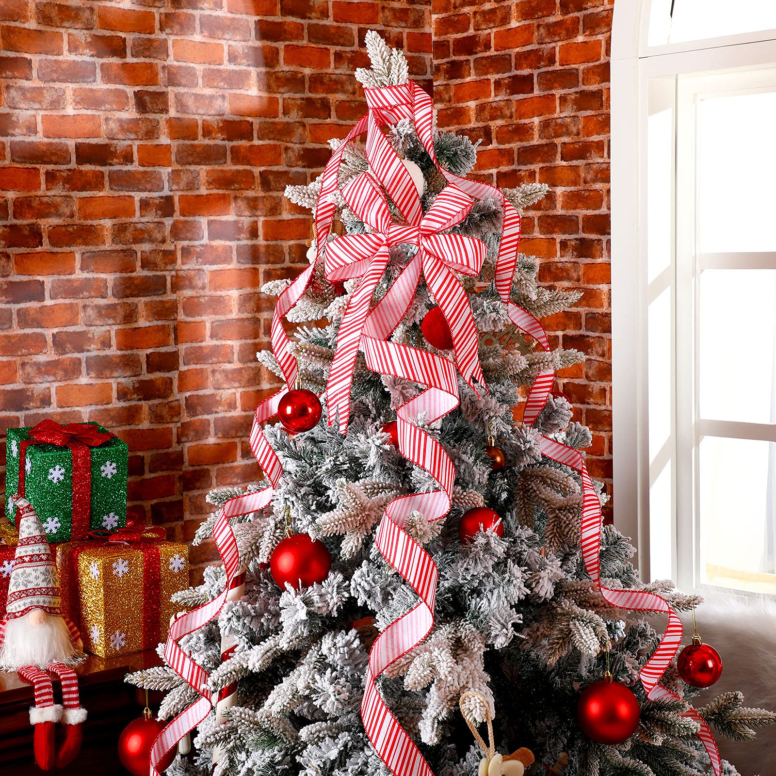 44 Yards Christmas Peppermint Strip Wired Candy Cane Ribbon - Red and White Stripe DIY Craft Ribbon for Christmas Tree Decor, Holiday DIY Garland, Present Wrapping, Wreaths, Bows - 2 Widths