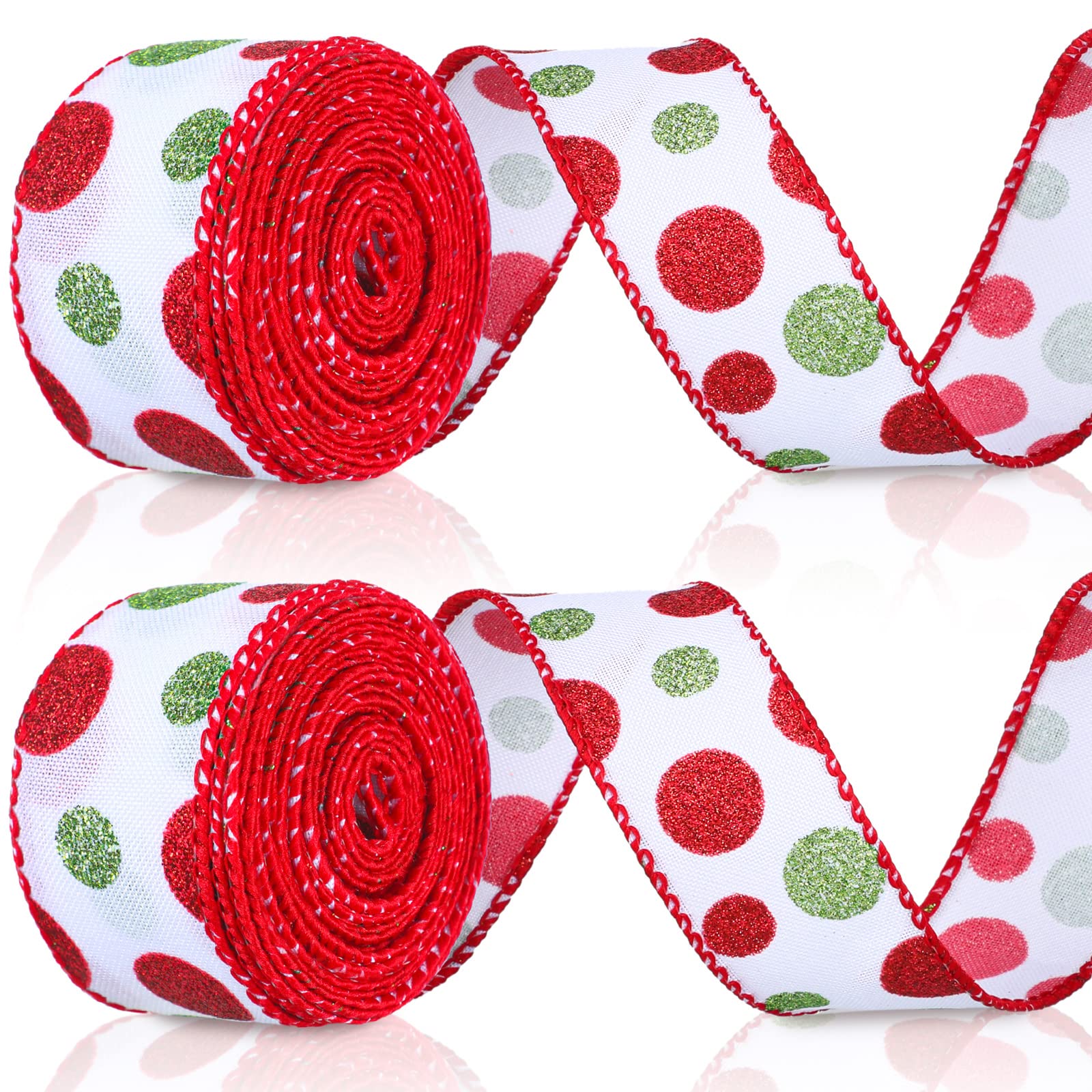 Tatuo 2 Rolls Christmas Glitter Wired Ribbon Christmas Tree Burlap Ribbon Green Red Polka Dot Ribbon Sparkly Xmas Tree Decoration DIY Bows Wreath(1.5 Inch x 6 Yard Per Roll,White Base)
