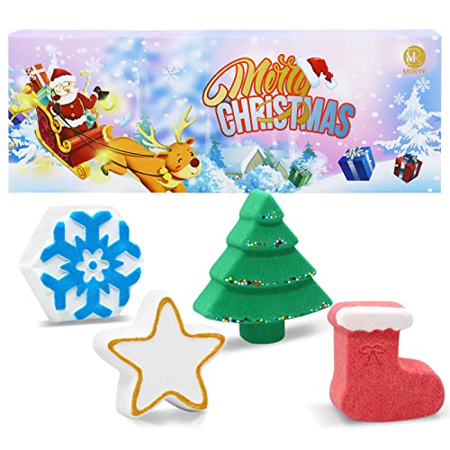 Christmas Bath Bombs for Kids, Christmas Gift Set Bath Bombs for Boys and Girls with Santa Snowflake Christmas Sock Star, 4-Pack Set in a Gift Box Christmas Stocking Stuffer Bubble Bath Bath Bomb Set