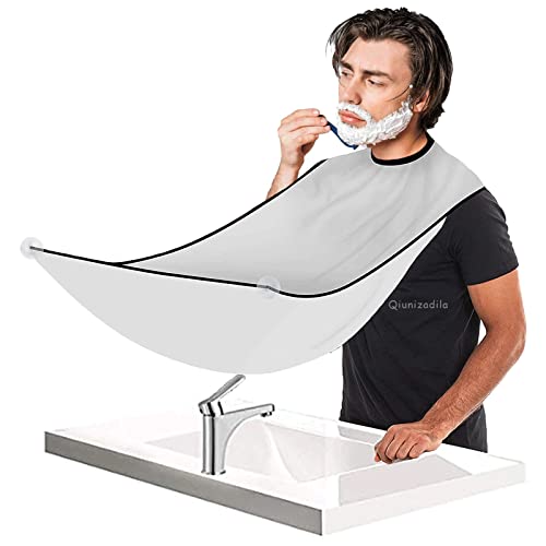 Beard Bib, Non-Stick Beard Apron for Shaving Trimming, Beard Catcher with Strong Suction Cups, Beard Hair Catcher - Unique Gifts for Men. (White)