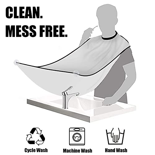 Beard Bib, Non-Stick Beard Apron for Shaving Trimming, Beard Catcher with Strong Suction Cups, Beard Hair Catcher - Unique Gifts for Men. (White)