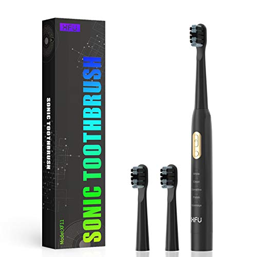 XFU Sonic Toothbrush for Adults and Kids, 3 Dupont Brush Heads, with 5 Modes and Waterproof IPX7, Battery Electric Toothbrush Build in 2 Mins Timer 40,000 VPM XF-2011 (Black)