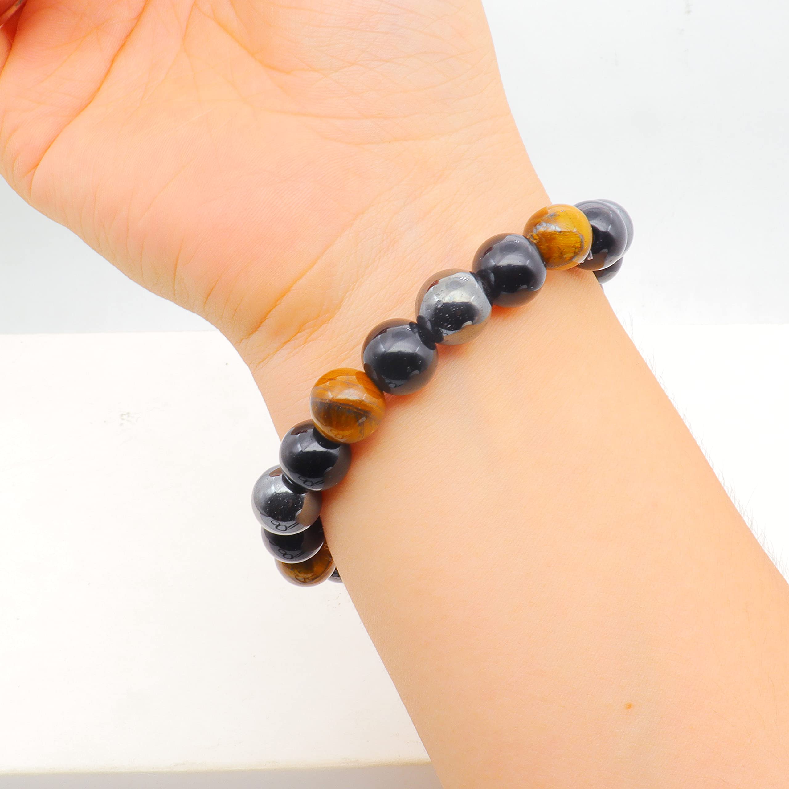 CJIAYUJEW 10mm Mens Beaded Bracelets, Initial Letter Triple Protection Bracelets for Women, Natural Tiger Eye Black Obsidian Hematite Beads Elastic Bracelets (C)