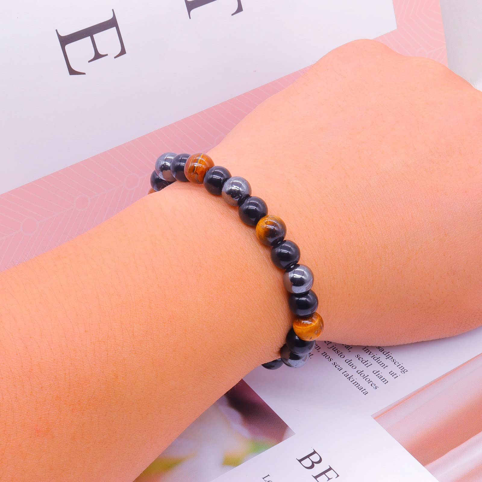 CJIAYUJEW 10mm Mens Beaded Bracelets, Initial Letter Triple Protection Bracelets for Women, Natural Tiger Eye Black Obsidian Hematite Beads Elastic Bracelets (C)